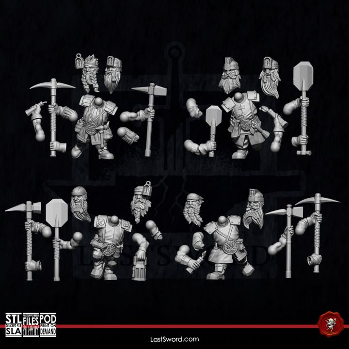 3D Printable Dwarf Miners by LastSword Miniatures