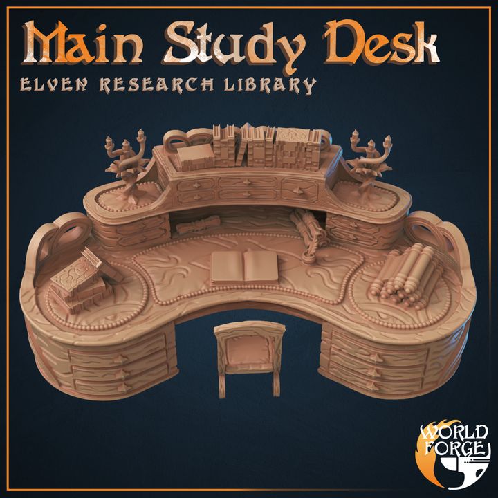 3D Printable Study Desk - Elven Library by World Forge Miniatures