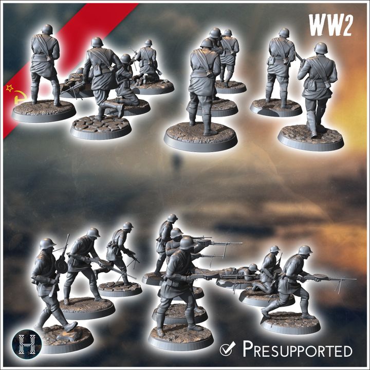 3D Printable Set of 10 WW2 LMG Soviet soldiers (with Degtyaryov DP-27 ...