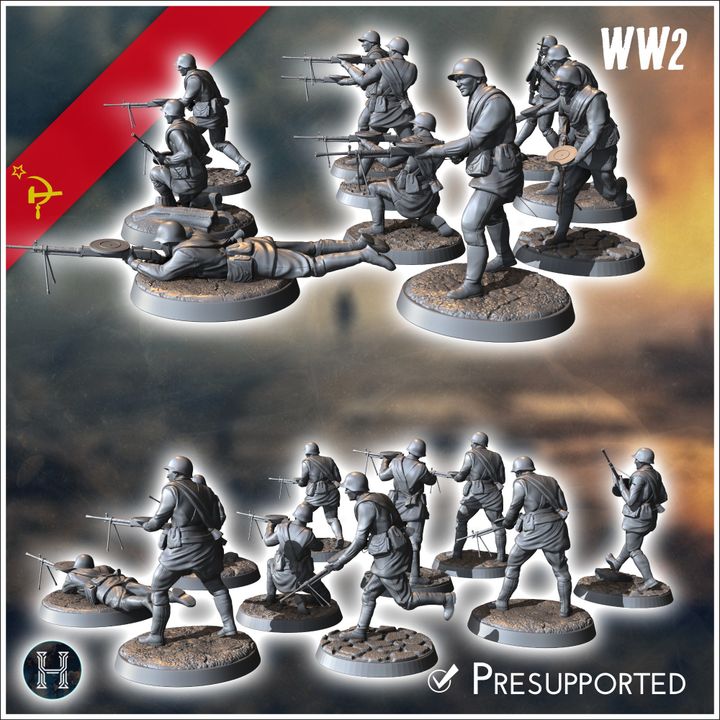 3D Printable Set of 10 WW2 LMG Soviet soldiers (with Degtyaryov DP-27 ...