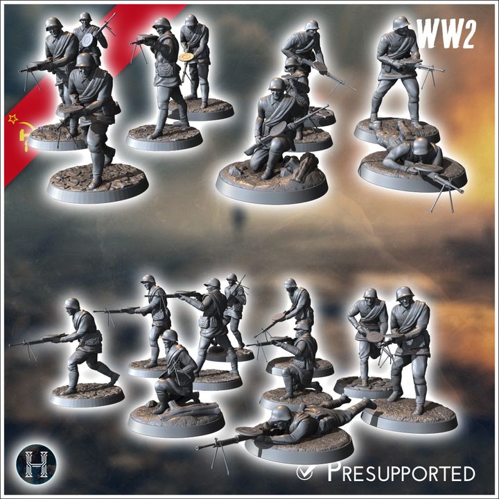 3D Printable Set of 10 WW2 LMG Soviet soldiers (with Degtyaryov DP-27 ...