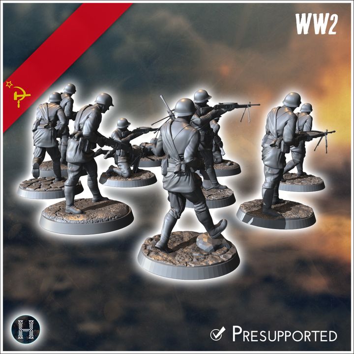 3D Printable Set of 10 WW2 LMG Soviet soldiers (with Degtyaryov DP-27 ...