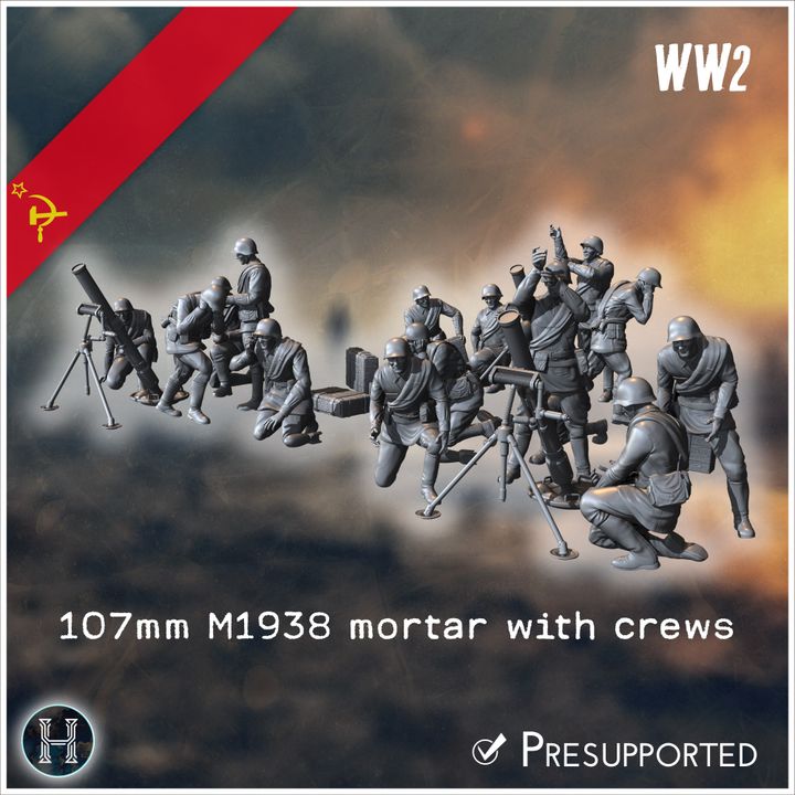 3D Printable 107mm M1938 Soviet heavy mortars squad with 15 crews (2 ...