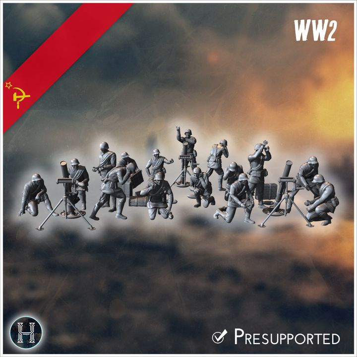 3D Printable 107mm M1938 Soviet heavy mortars squad with 15 crews (2 ...
