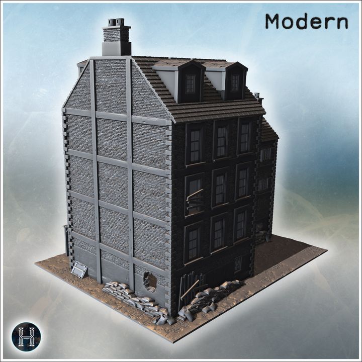 3D Printable Tall urban building with detailed stone facade, dormer ...