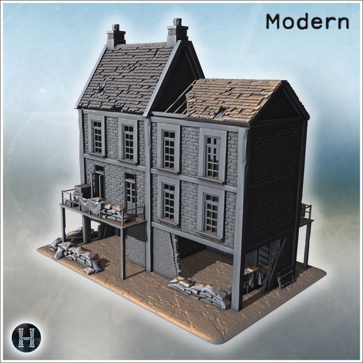 3D Printable Two damaged residential houses with wooden balcony ...