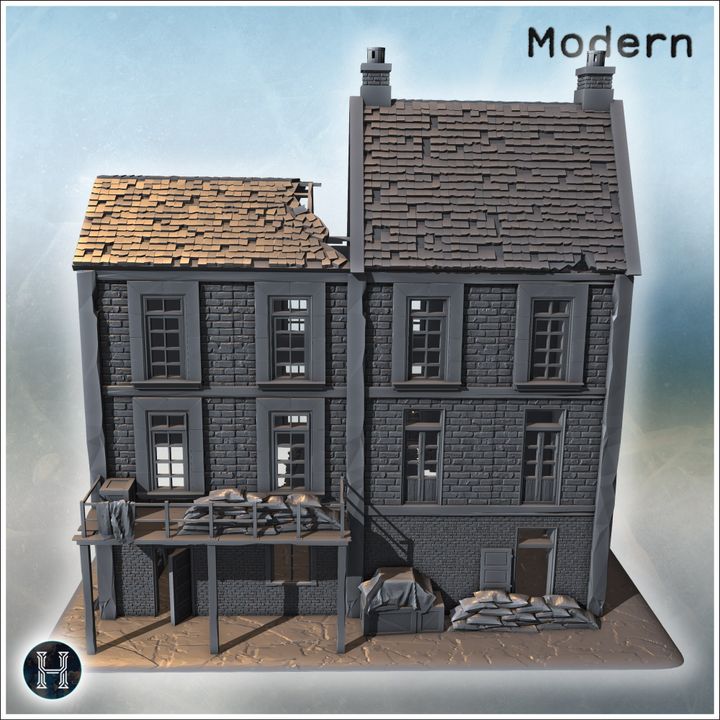 3D Printable Two damaged residential houses with wooden balcony ...
