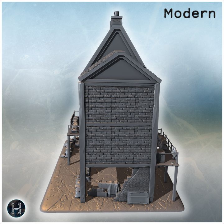 3D Printable Two damaged residential houses with wooden balcony ...