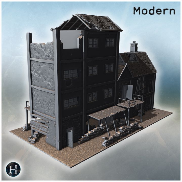 3D Printable Partially ruined multi-story building with wooden ...