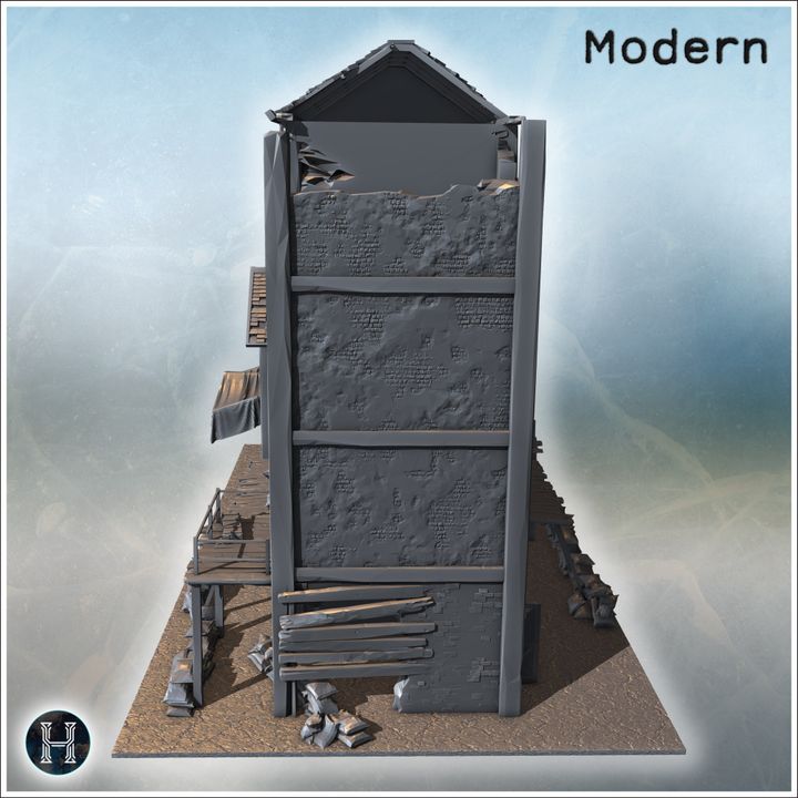 3D Printable Partially ruined multi-story building with wooden ...
