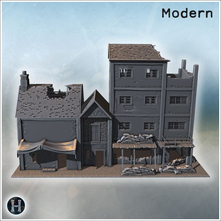 3D Printable Partially ruined multi-story building with wooden ...