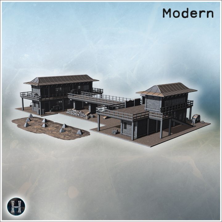 3D Printable Industrial checkpoint with wooden guard towers, sandbags ...