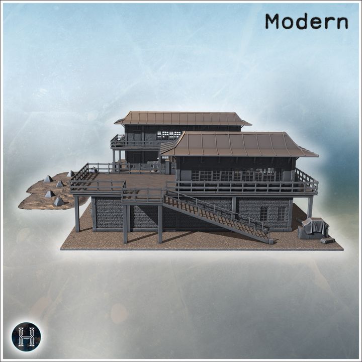 3D Printable Industrial checkpoint with wooden guard towers, sandbags ...