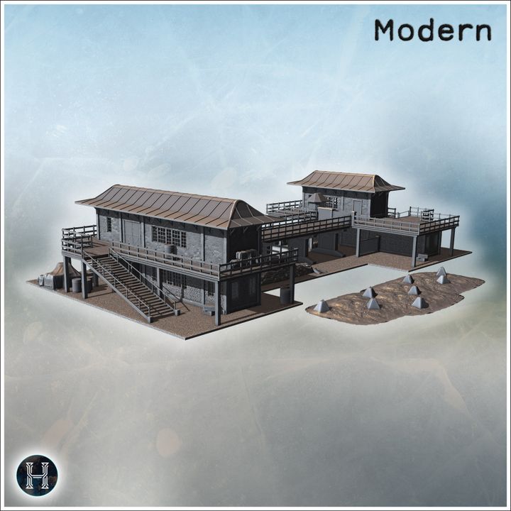 3D Printable Industrial checkpoint with wooden guard towers, sandbags ...