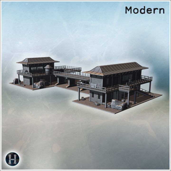 3D Printable Industrial checkpoint with wooden guard towers, sandbags ...