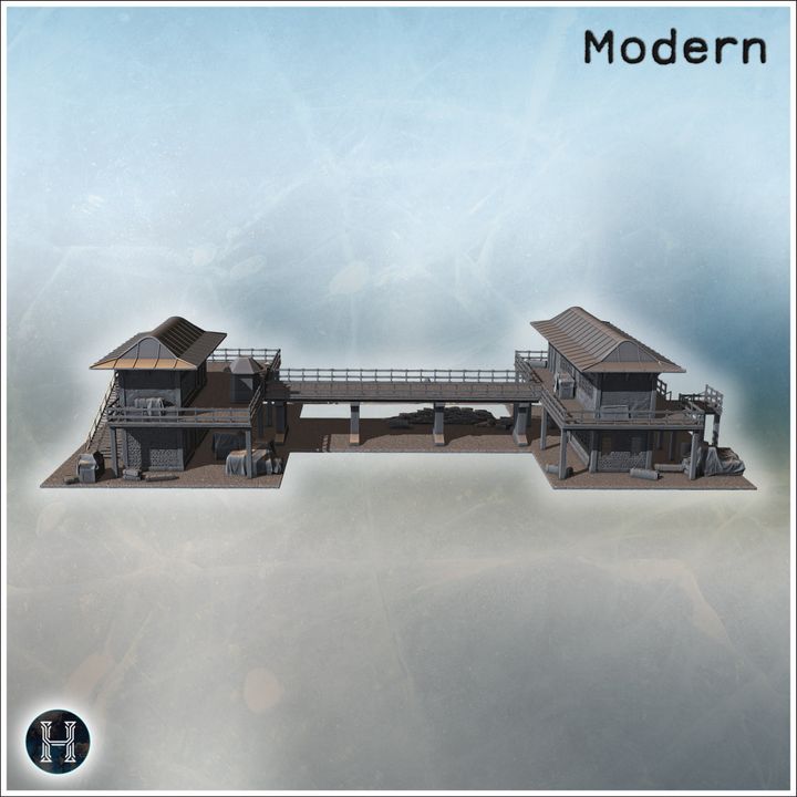 3D Printable Industrial checkpoint with wooden guard towers, sandbags ...