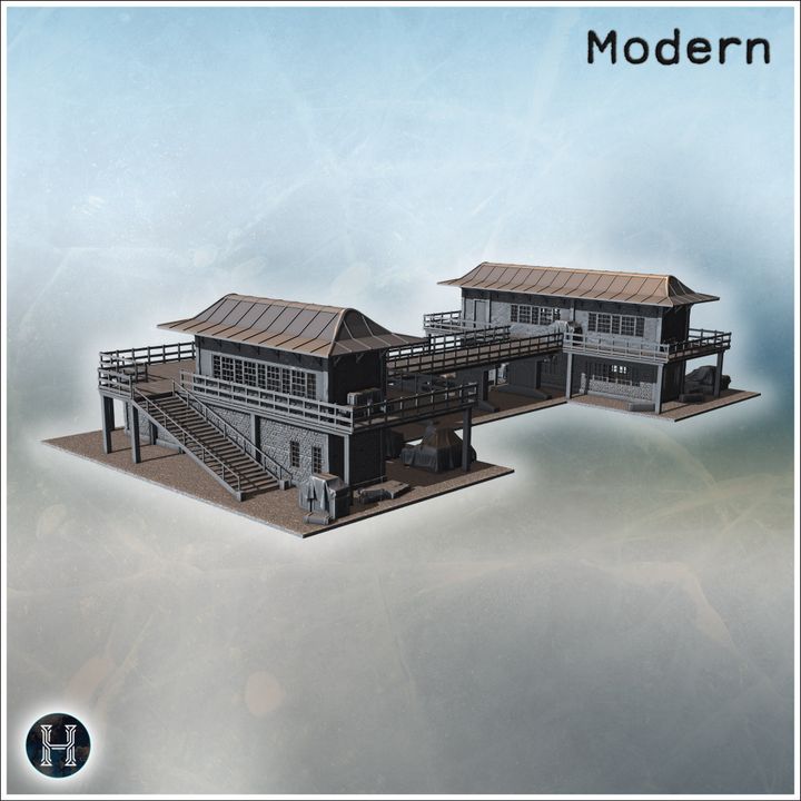 3D Printable Industrial checkpoint with wooden guard towers, sandbags ...