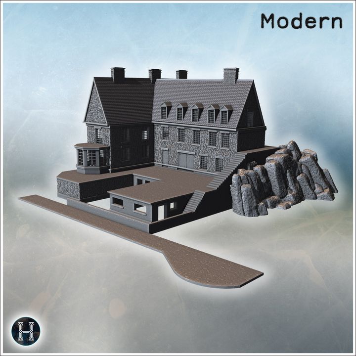 3D Printable Manor house with large staircase, lower annex and rocky ...