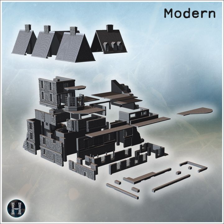 3D Printable Manor house with large staircase, lower annex and rocky ...