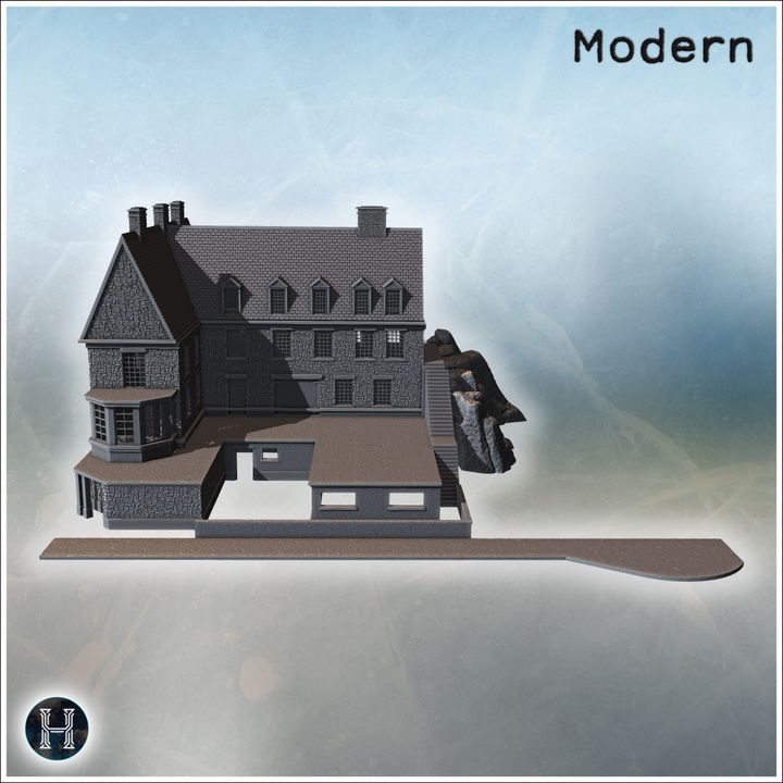 3D Printable Manor house with large staircase, lower annex and rocky ...