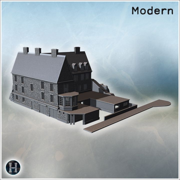 3D Printable Manor house with large staircase, lower annex and rocky ...