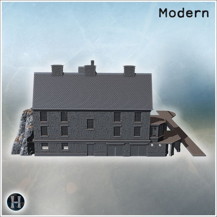 3D Printable Manor house with large staircase, lower annex and rocky ...