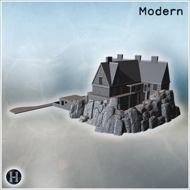 3D Printable Manor house with large staircase, lower annex and rocky ...