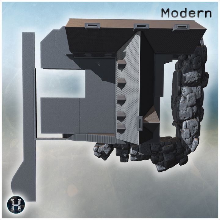 3D Printable Manor house with large staircase, lower annex and rocky ...