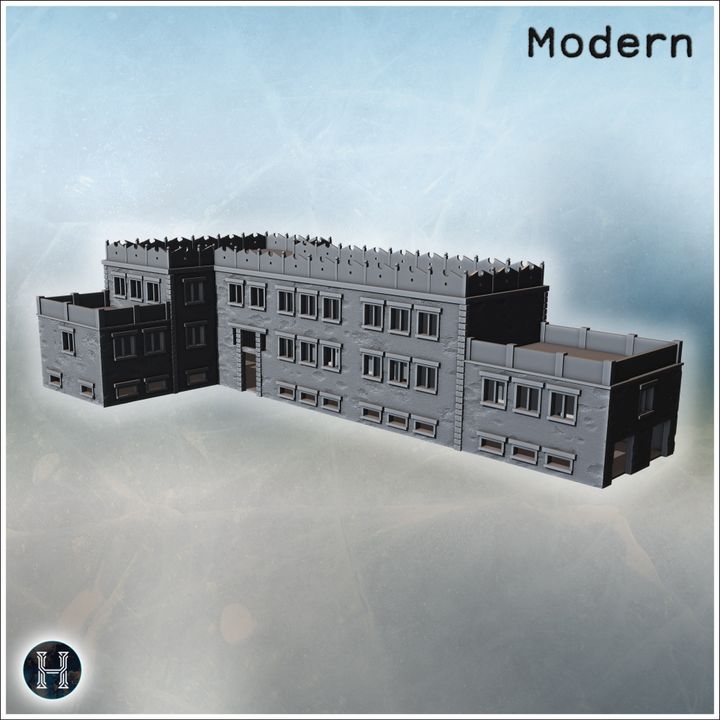 3D Printable Fortified modern building with angular walls, rooftop ...