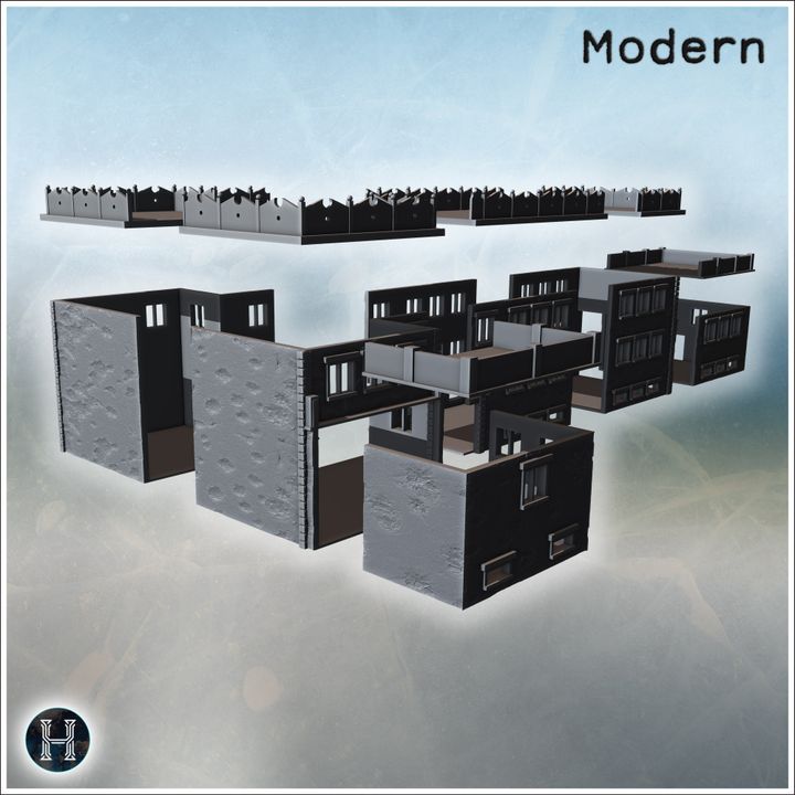 3D Printable Fortified modern building with angular walls, rooftop ...