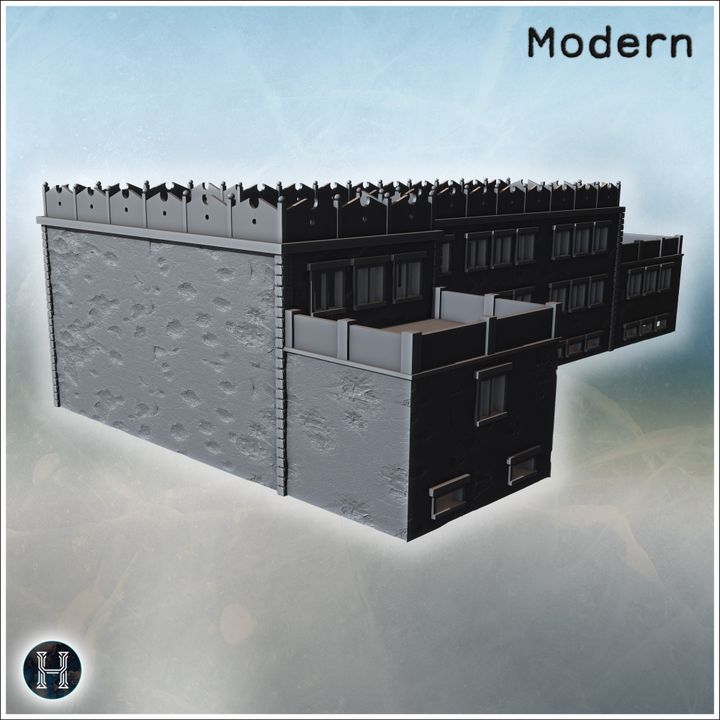 3D Printable Fortified modern building with angular walls, rooftop ...