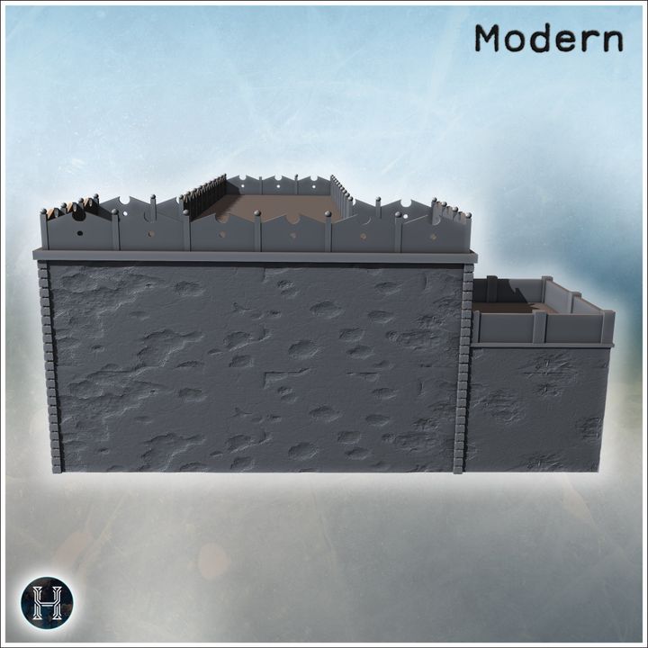 3D Printable Fortified modern building with angular walls, rooftop ...