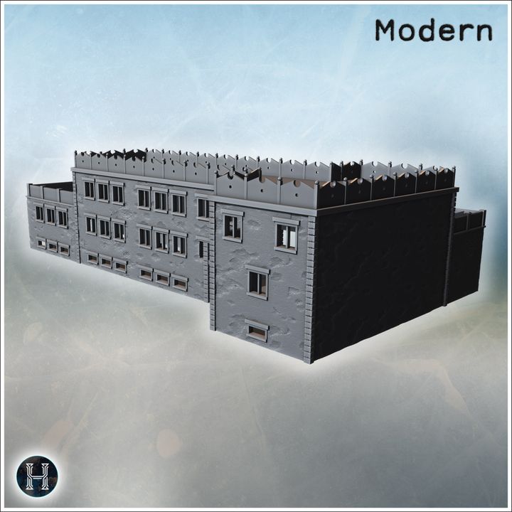 3D Printable Fortified modern building with angular walls, rooftop ...