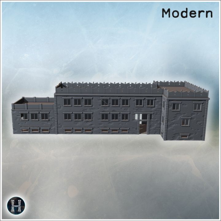 3D Printable Fortified modern building with angular walls, rooftop ...