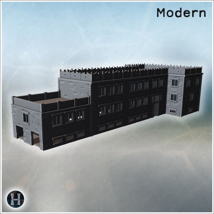 3D Printable Fortified modern building with angular walls, rooftop ...