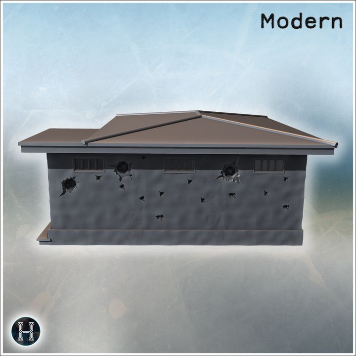 3D Printable Concrete military structure with flat roof, barred windows ...