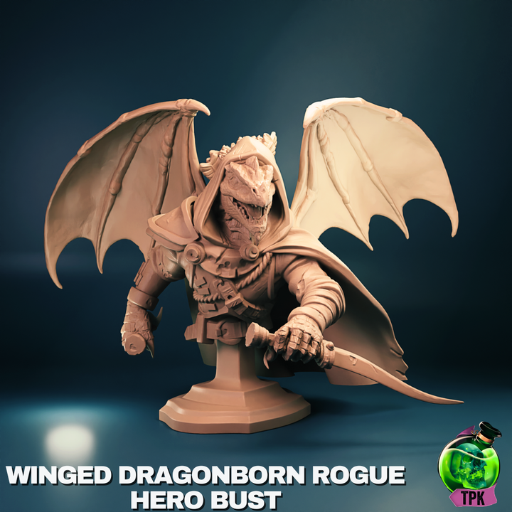 3D Printable Winged Dragonborn Rogue Hero Bust by TPK Lab
