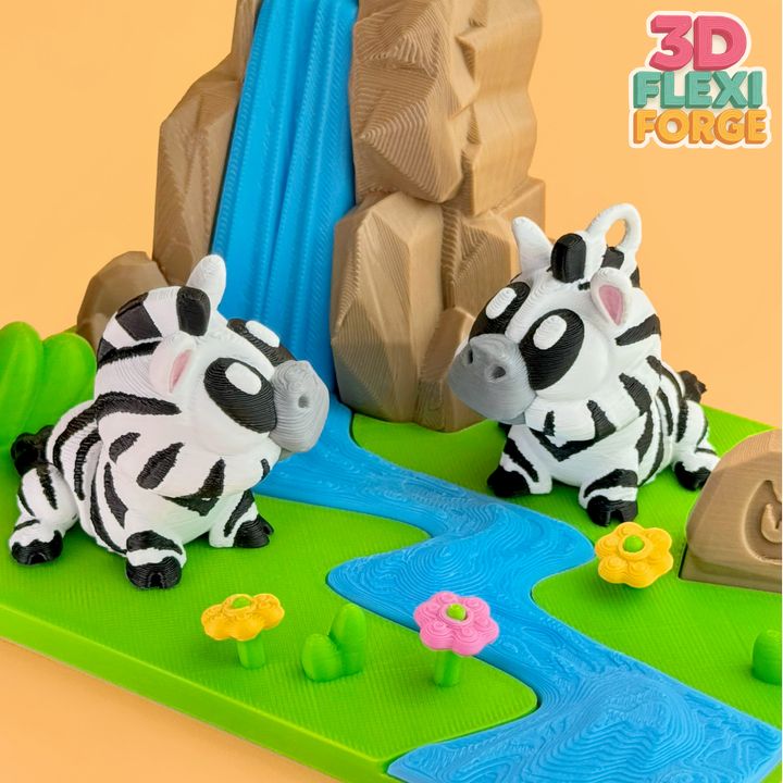 3D Printable 🦓 New Flexi Zebra + Waterfall Diorama Set 🌿💦 by 3D FLEXI FORGE