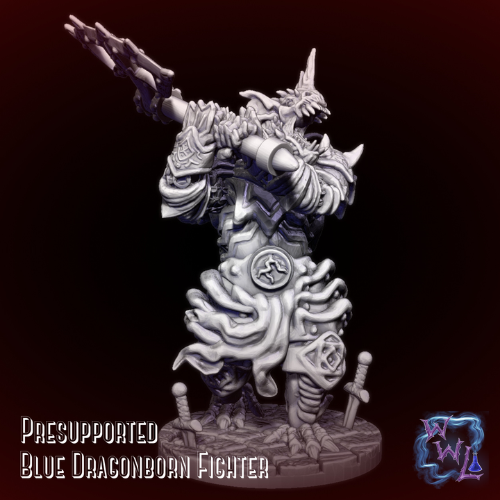 3D Printable Blue Dragonborn Fighter | Presupported by Wicked Wizard Labs
