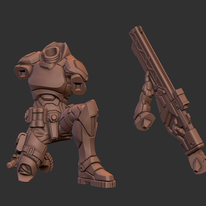 3D Printable Neo Templar - Tenebrite Commando aiming railgun, kneeling ...