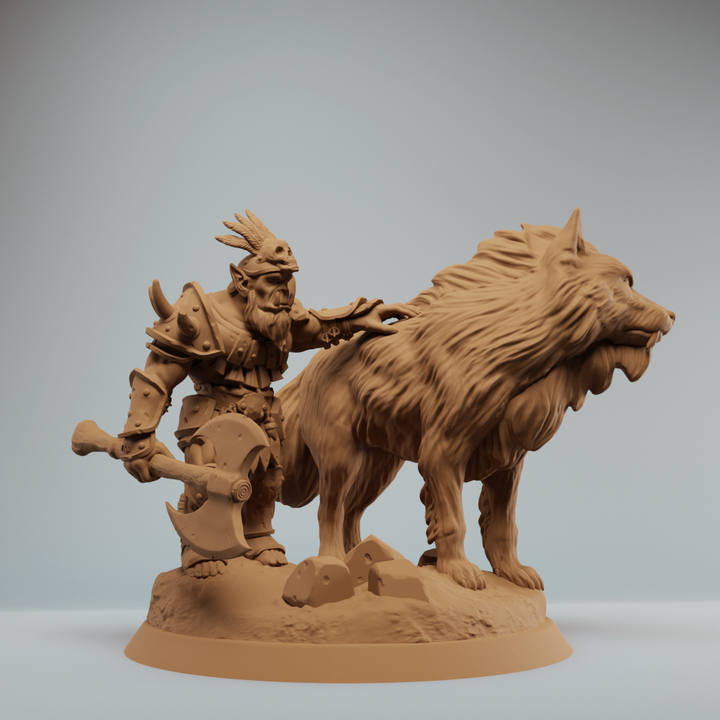 3D Printable Orc Warchief with Dire Wolf, Orc Chieftain - supported by ...