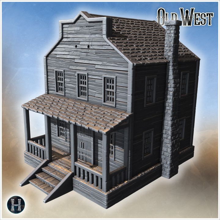 3D Printable Wooden house with stepped gable, front porch, chimney and ...