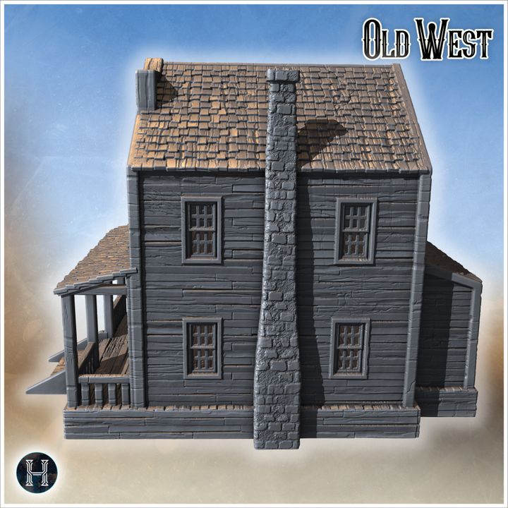 3D Printable Wooden house with stepped gable, front porch, chimney and ...