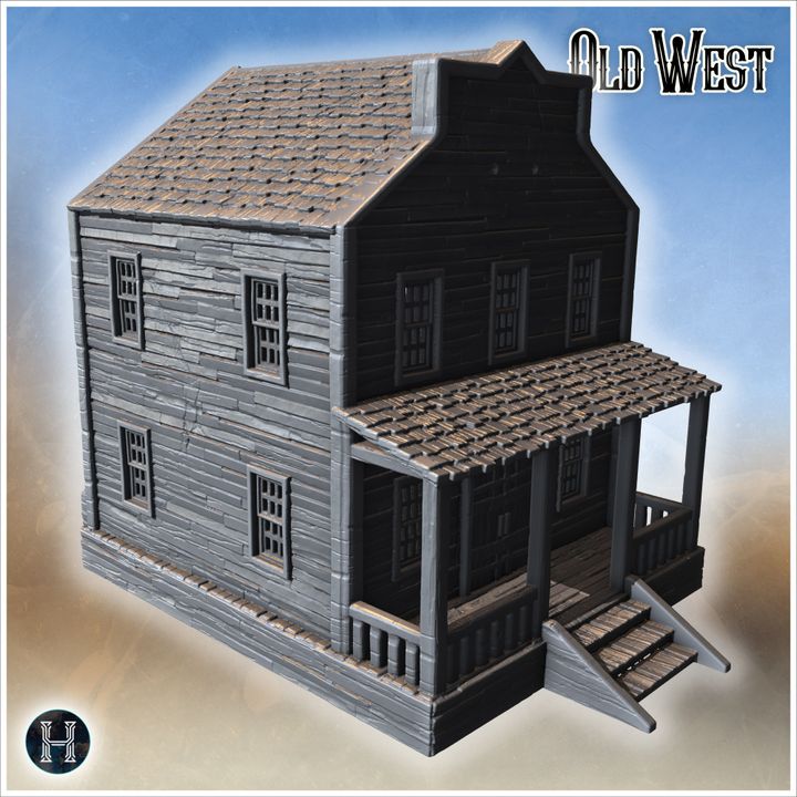 3D Printable Wooden house with stepped gable, front porch, chimney and ...