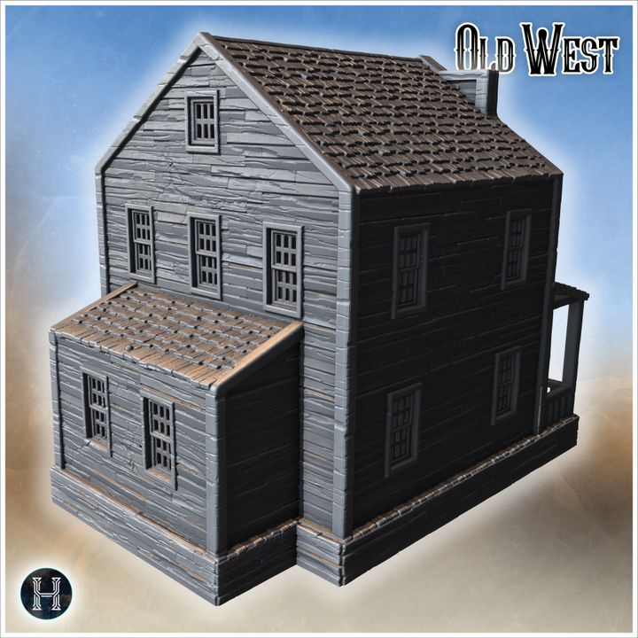 3D Printable Wooden house with stepped gable, front porch, chimney and ...
