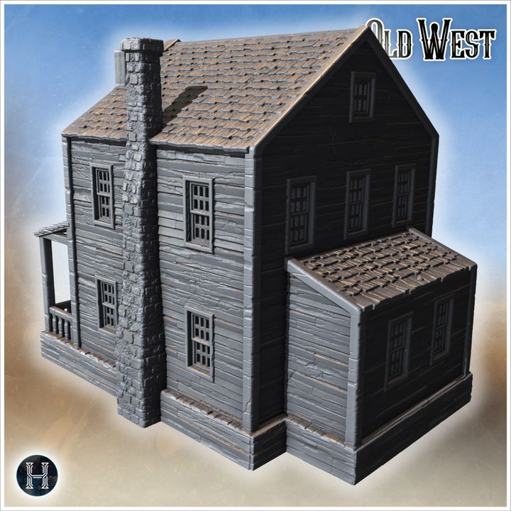 3D Printable Wooden house with stepped gable, front porch, chimney and ...