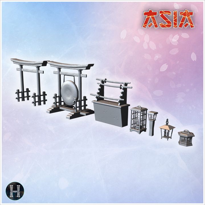 3D Printable Asian-style decorative gates, large hanging gong, sword ...