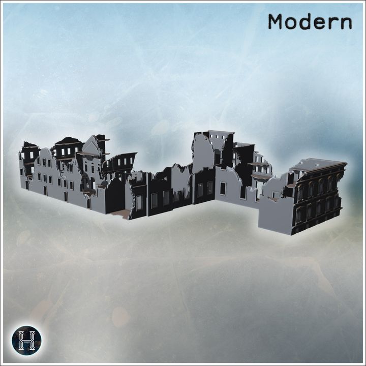 3D Printable Extensive L shaped block of bombed urban buildings showing ...