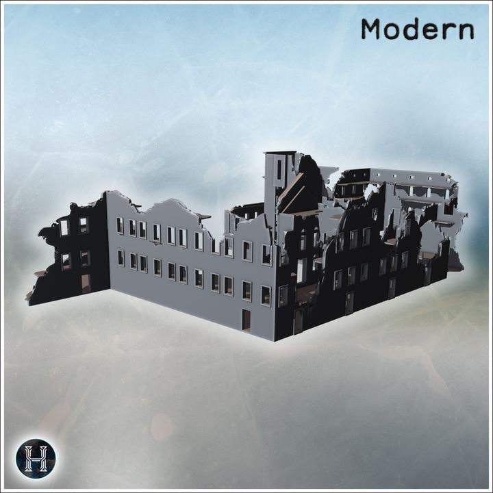 3D Printable Extensive L shaped block of bombed urban buildings showing ...