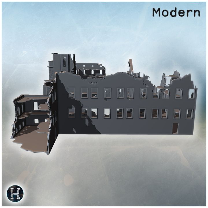 3D Printable Extensive L shaped block of bombed urban buildings showing ...